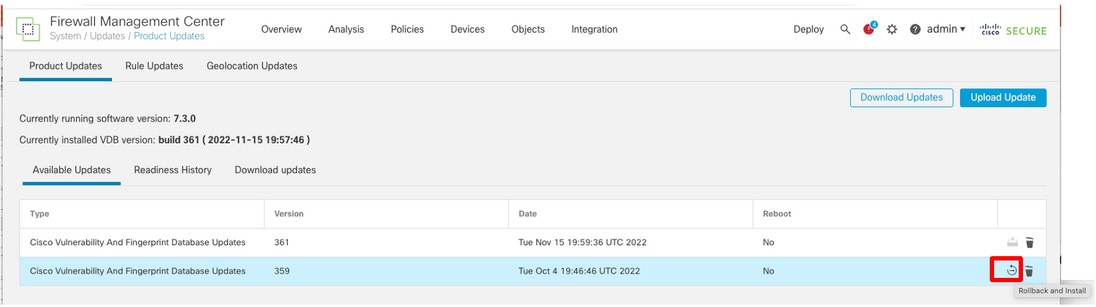 在FMC版本7.3+中实施回滚VDB版本 - Cisco
