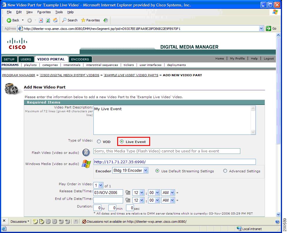 Cisco Digital Media Manager User Guide (version 3.5) - Setting Up Live ...
