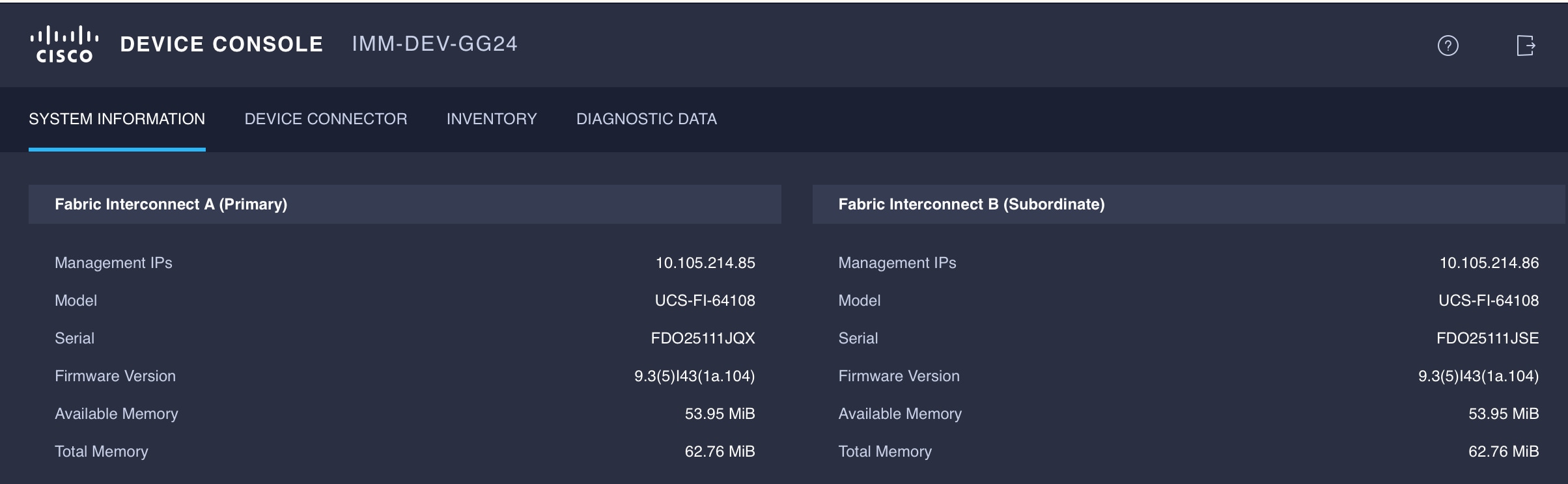 Cisco Intersight Managed Mode Fabric Interconnect Admin Guide - System Information [Cisco ...