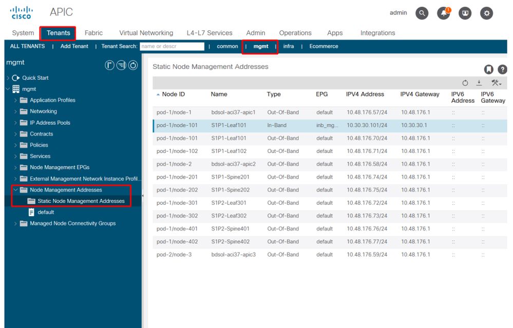 排除aci管理和核心服务故障 — 带内和带外管理 Cisco