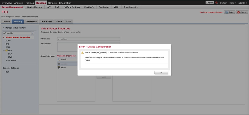 Ftd에서 Ikev2를 사용하여 Vrf 인식 Site To Site 터널 구성 Cisco