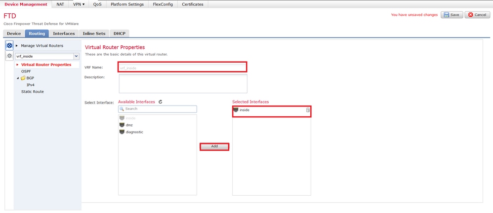 Ftd에서 Ikev2를 사용하여 Vrf 인식 Site To Site 터널 구성 Cisco