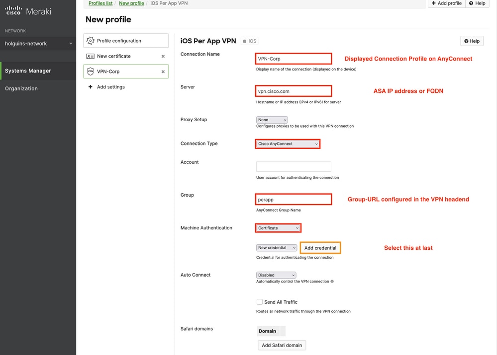 Meraki System Manager를 사용하여 Ios용 Anyconnect Perapp Vpn 구성 Cisco