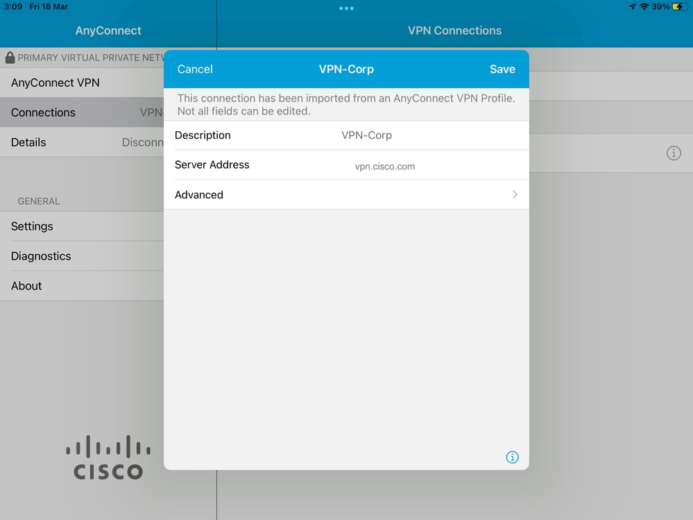 Meraki System Manager를 사용하여 Ios용 Anyconnect Perapp Vpn 구성 Cisco