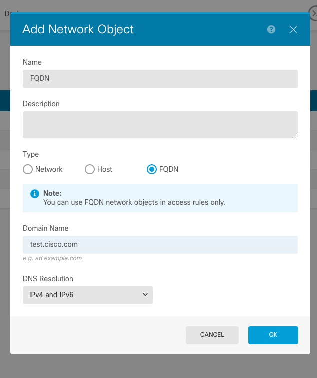 تكوين الكائن المستند إلى FQDN لقاعدة التحكم في الوصول - Cisco