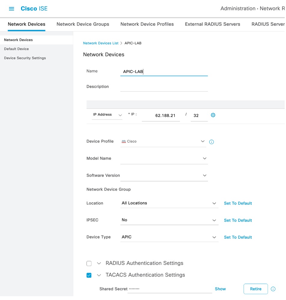 Configuración de APIC para la administración de dispositivos con ISE y TACACS+ - Cisco