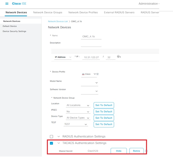 تكوين مصادقة TACACS+ على CIMC باستخدام خادم ISE - Cisco