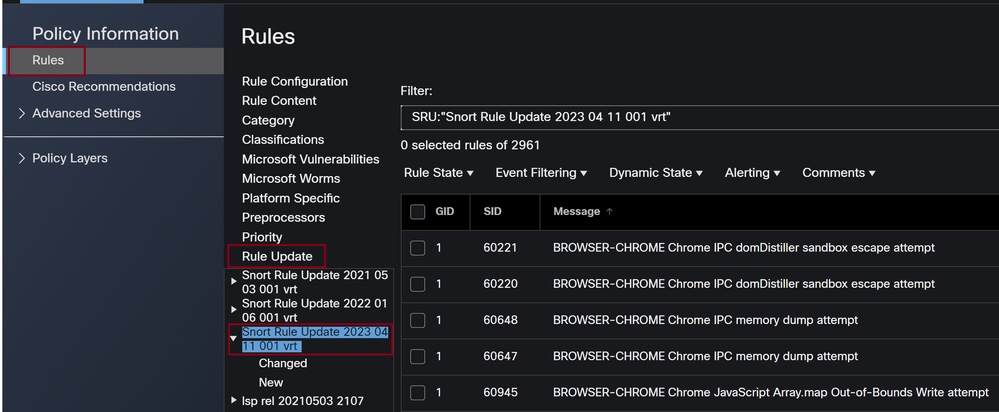 Filtrer les règles de détection en fonction de la version SRU et LSP des périphériques Firepower ...