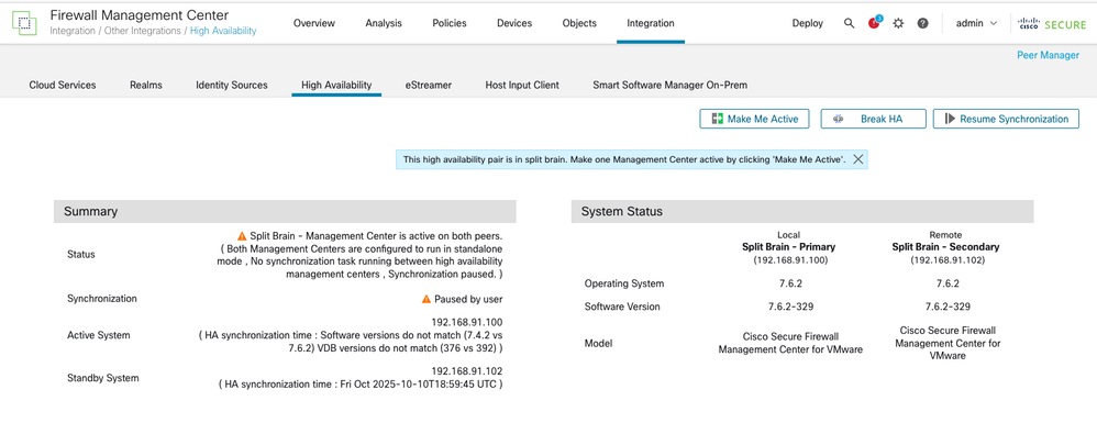 고가용성으로 FMC 업그레이드 - Cisco