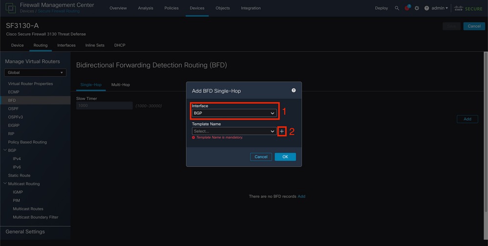 Configuración de BFD en Secure Firewall Threat Defence con GUI - Cisco