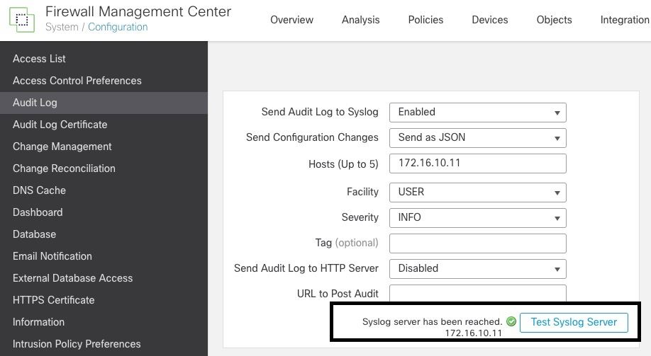 Configurar FMC para enviar registros de auditoría a un servidor Syslog - Cisco