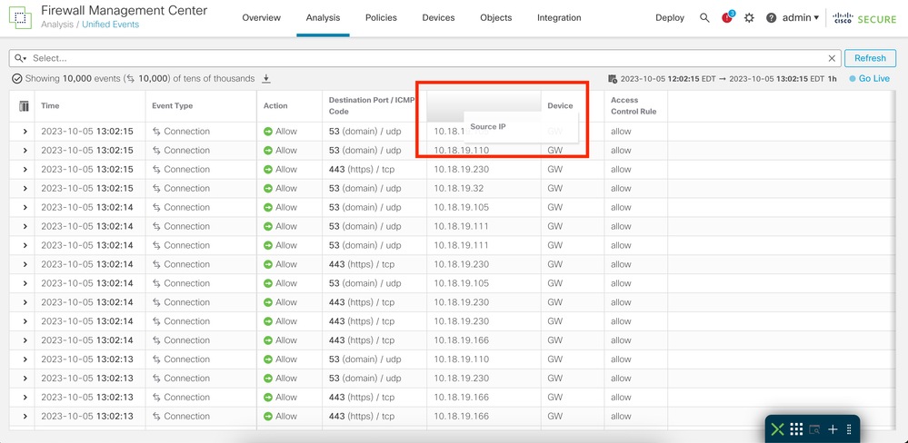 Surveiller les événements à l'aide de Unified Event Viewer sur FMC GUI ...