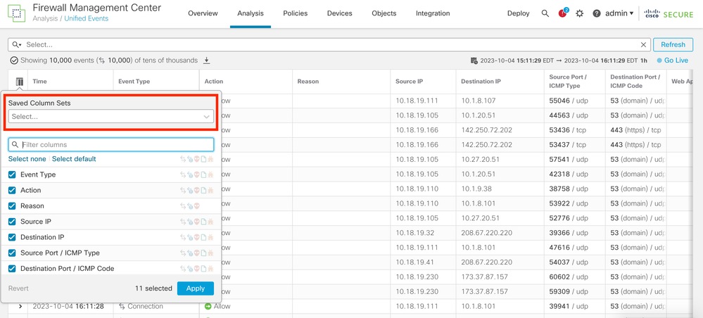 Surveiller les événements à l'aide de Unified Event Viewer sur FMC GUI ...