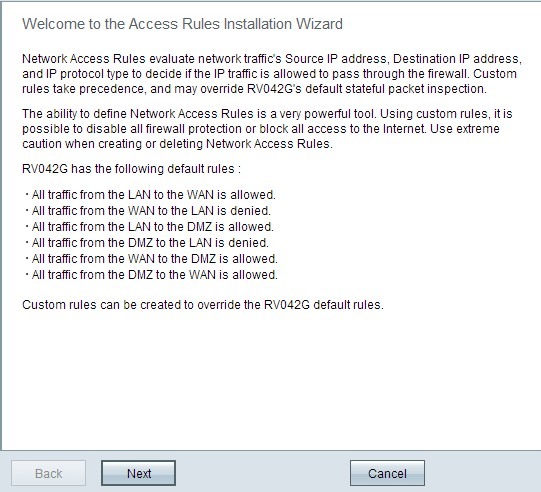 在RV016、RV082、RV042和RV042G VPN路由器上通過嚮導配置訪問規則 - Cisco