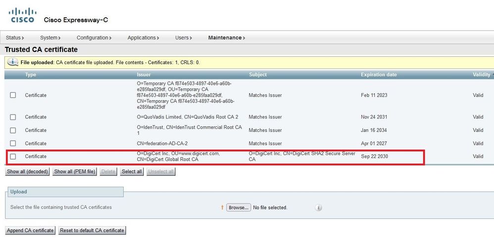 2023년 3월 8일에 Expressway Intermediate DigiCert 글로벌 루트 CA 인증서 만료 문제 해결 - Cisco