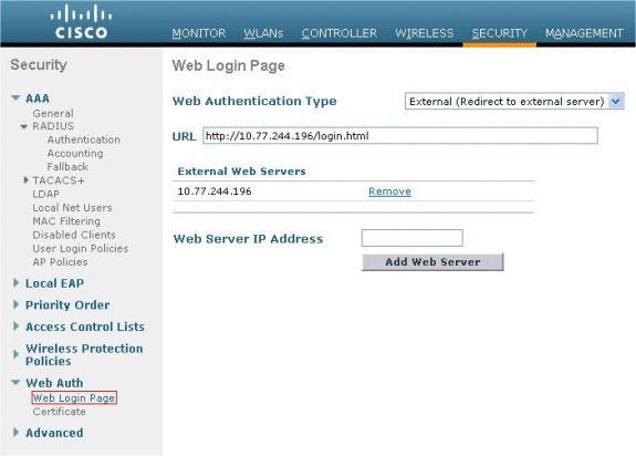 使用RADIUS伺服器的外部Web驗證 - Cisco
