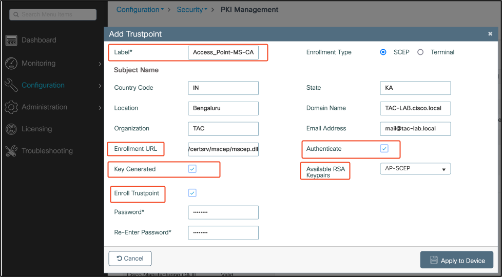 在ap上配置8021x，以使用lsc进行peap或eap Tls Cisco