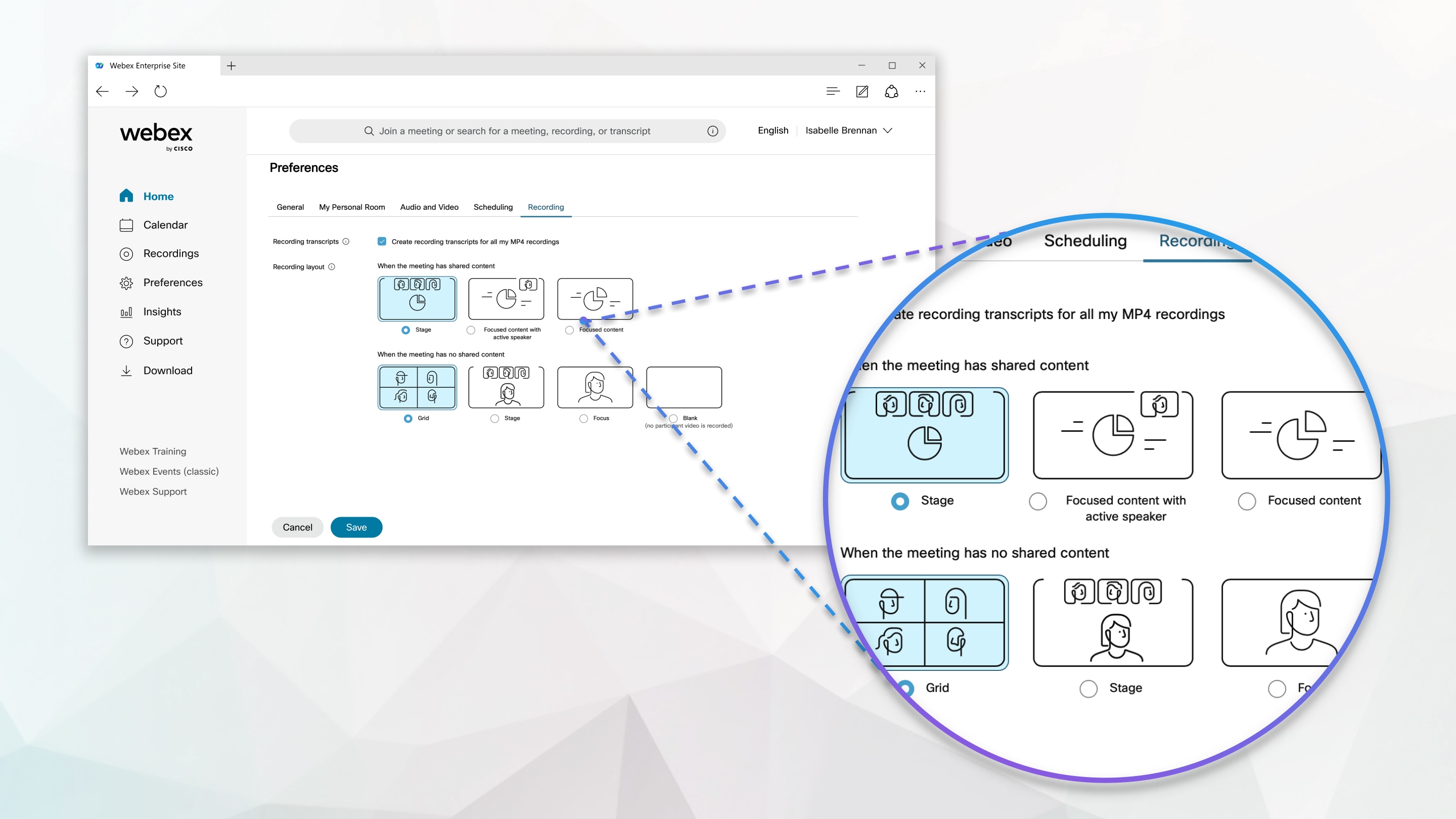 Select the screen layout for recordings in Webex meetings, webinars and ...