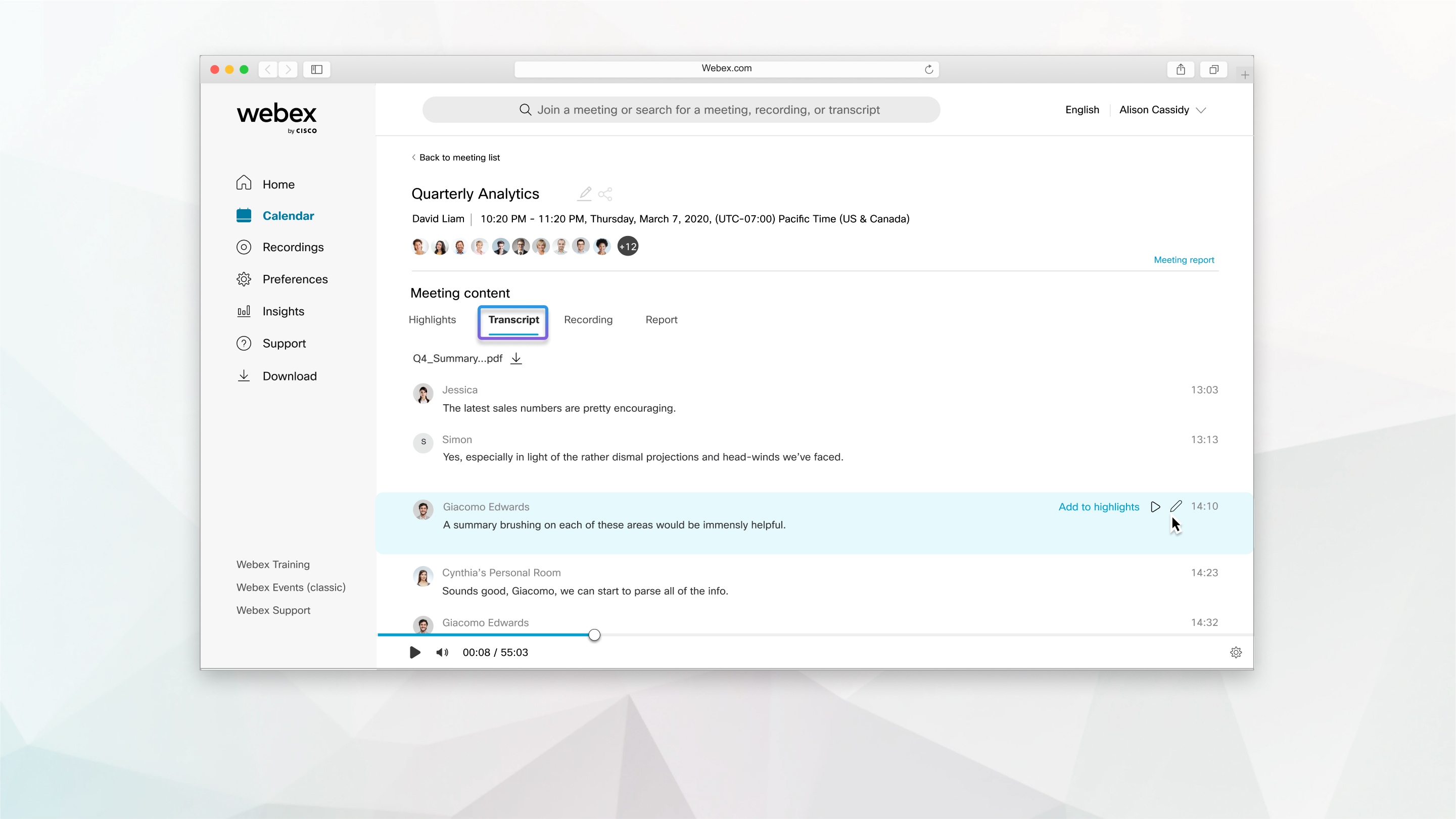 Webex - Webex Assistant for Meetings により作成されたミーティングの議事録を確認して表示する