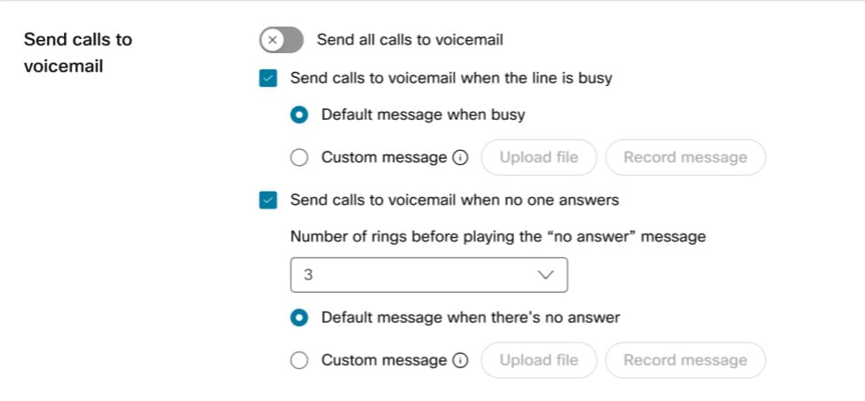 Configure and manage voicemail settings for a Webex Calling user
