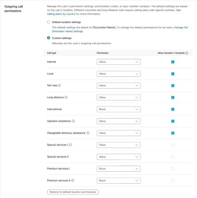 Configure Calling Permissions in Control Hub