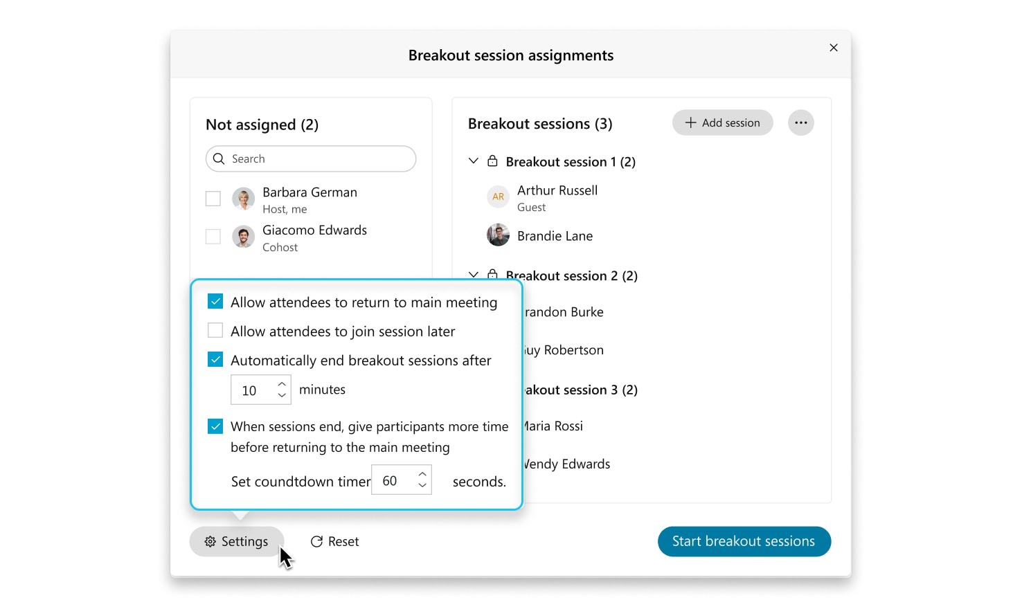 Webex Meetings | Change breakout session settings