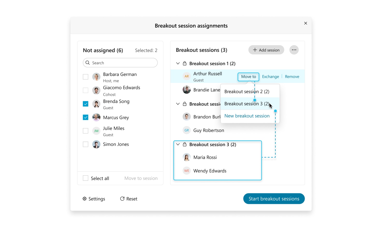 Webex Meetings | Move or exchange attendees in breakout sessions