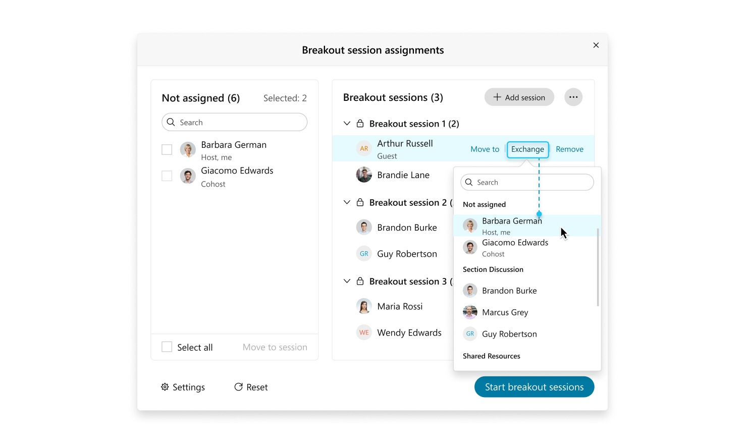 Webex Meetings | Move or exchange attendees in breakout sessions
