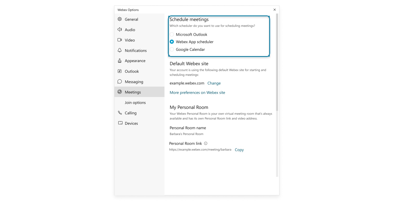 Webex App | Choose the meeting scheduler