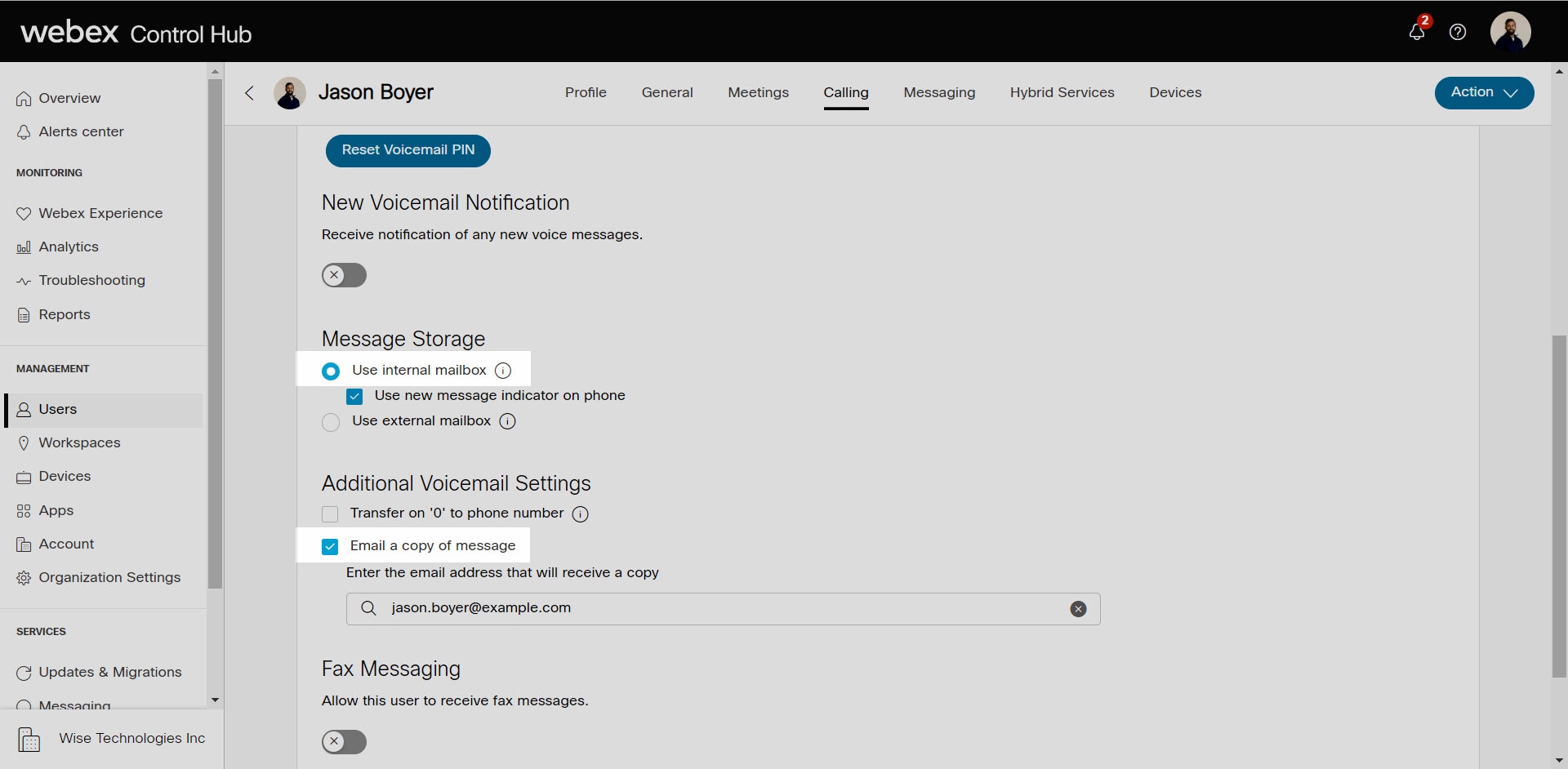 Configure and manage voicemail settings for a Webex Calling user