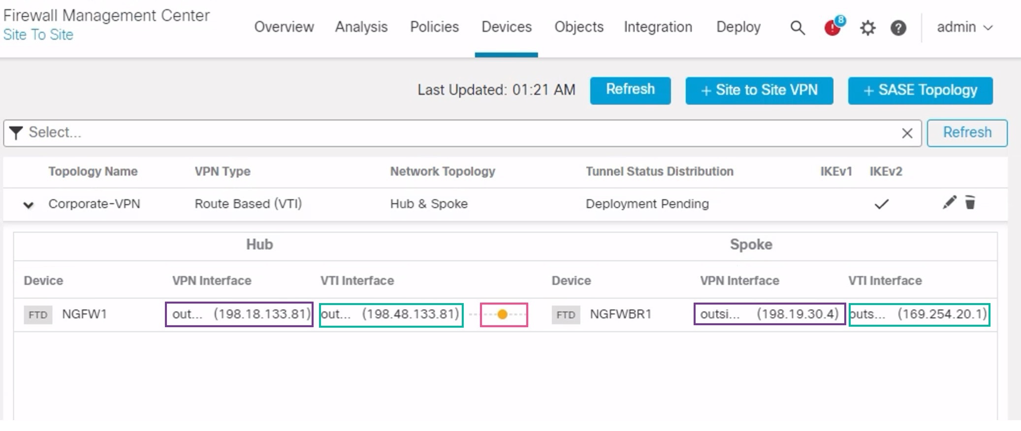 Cisco Secure Firewall でのブランチおよび WAN の簡素化の使用例 - ダイナミック仮想トンネルインターフェイス（DVTI）を使用したブランチからハブへの通信の簡素化 ...