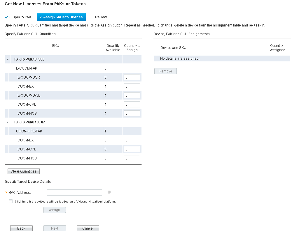 Step 2 for single fulfillment - enter Pak quantity and target device ...